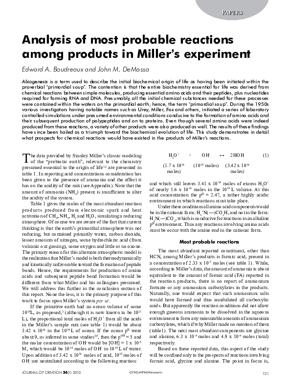 (PDF) Analysis of most probable reactions among products in Miller's ...