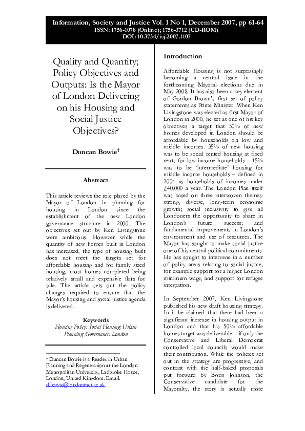 (PDF) Quality and Quantity; Policy Objectives and Outputs: Is the Mayor ...