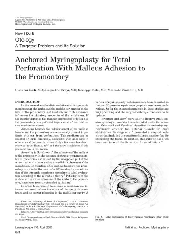 (PDF) Anchored Myringoplasty for Total Perforation With Malleus ...