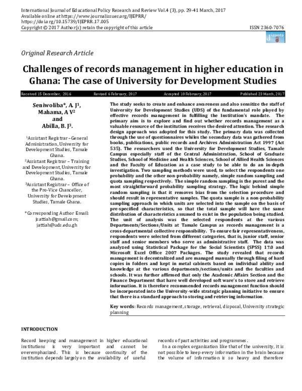 (PDF) Challenges of records management in higher education in Ghana ...