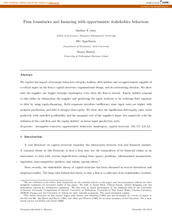 (PDF) Firm boundaries and financing with opportunistic stakeholder ...