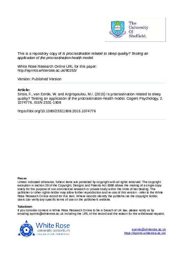 (PDF) Is procrastination related to sleep quality? Testing an ...