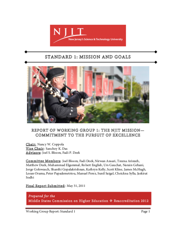 (PDF) Report of Working Group 1: The Njit Mission— Commitment to the ...
