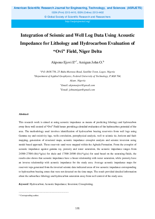(PDF) Integration of Seismic and Well Log Data Using Acoustic Impedance for Lithology and ...