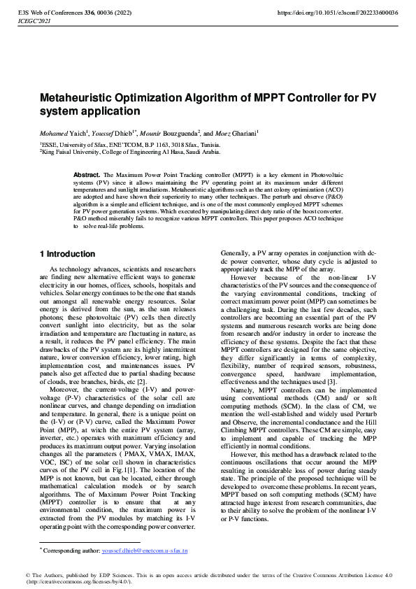 Pdf Metaheuristic Optimization Algorithm Of Mppt Controller For Pv System Application