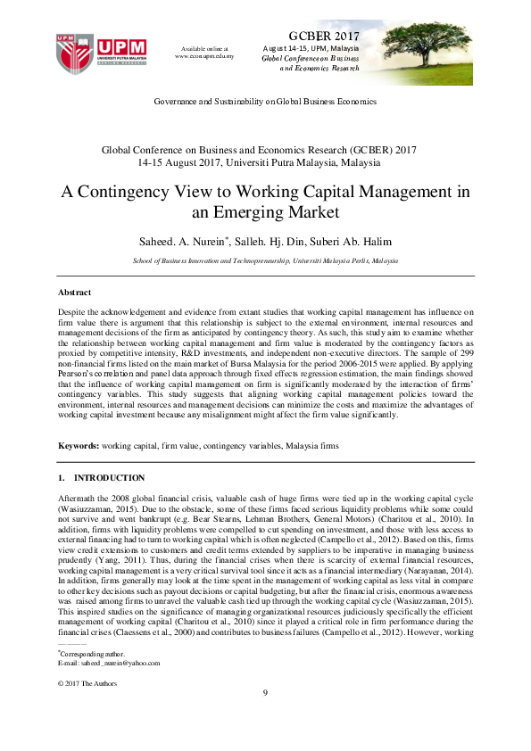 (PDF) A Contingency View to Working Capital Management in an Emerging ...