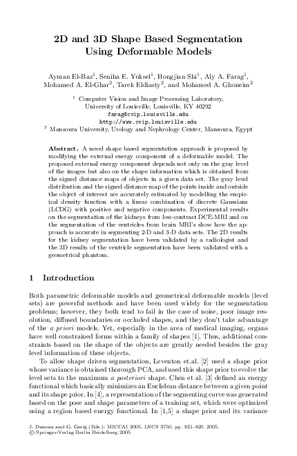 Pdf 2d And 3d Shape Based Segmentation Using Deformable Models