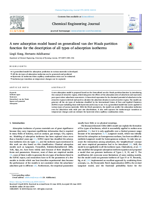 (PDF) A New Adsorption Model Based on Generalized van der Waals Partition Function for the ...