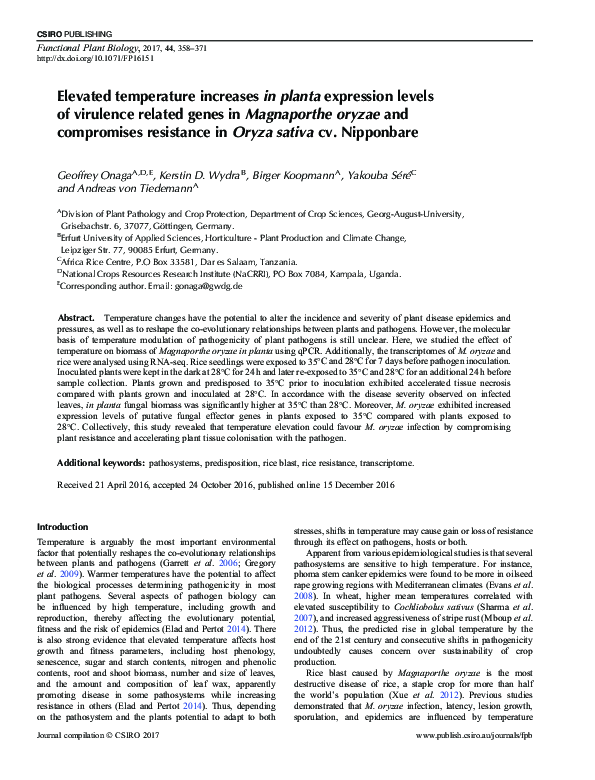 (PDF) Elevated temperature increases in planta expression levels of ...