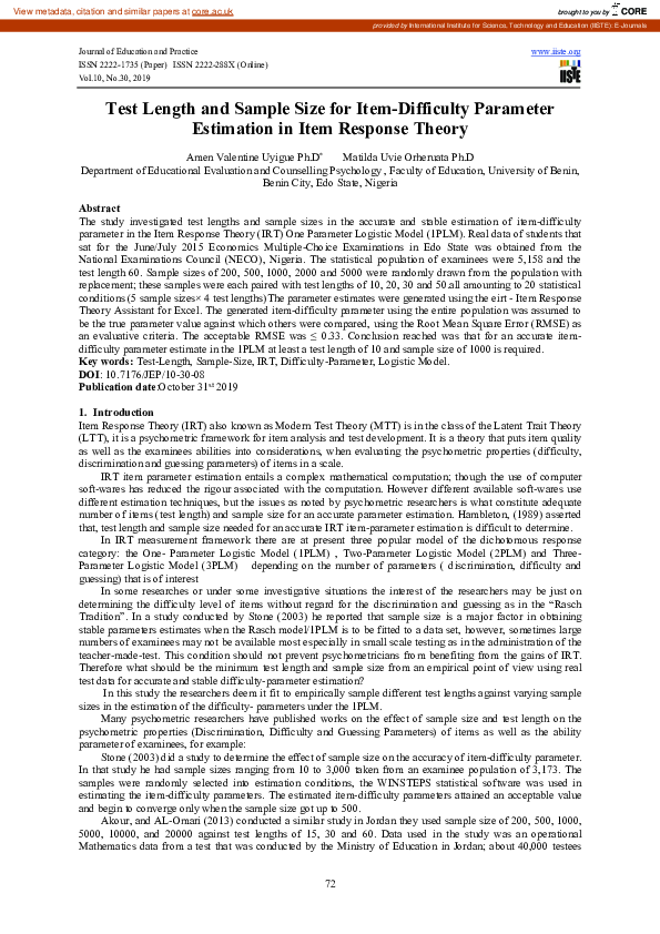 (PDF) Test Length and Sample Size for Item-Difficulty Parameter ... (PDF) Test Length and Sample Size for Item-Difficulty Parameter ...