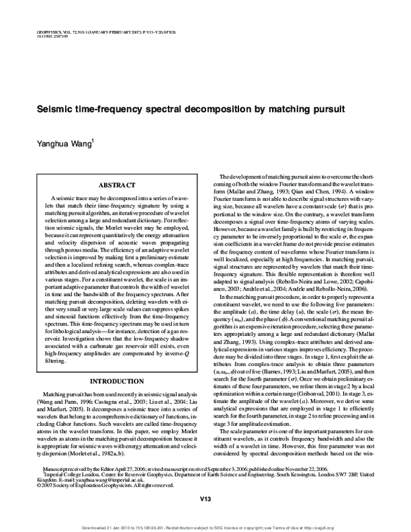 (PDF) Seismic time-frequency spectral decomposition by matching pursuit