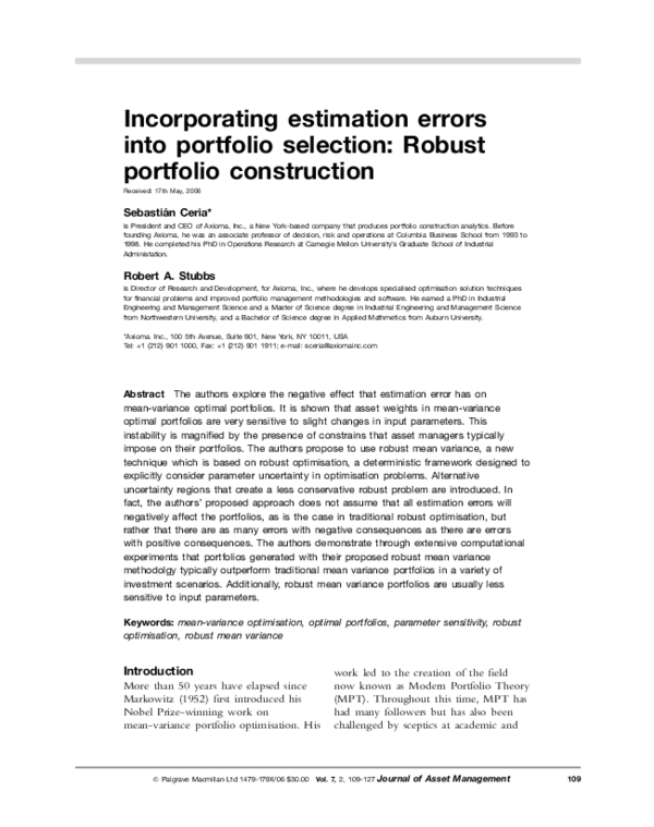 Pdf Incorporating Estimation Errors Into Portfolio Selection Robust