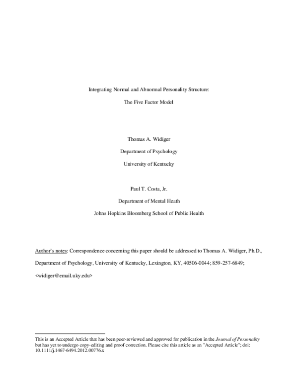 (PDF) Integrating Normal and Abnormal Personality Structure: The Five ...