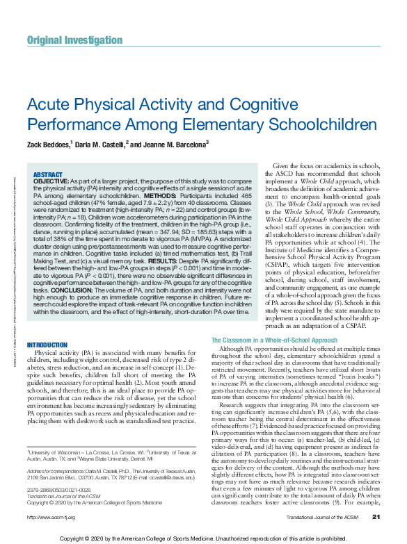 (PDF) Acute Physical Activity and Cognitive Performance Among ...
