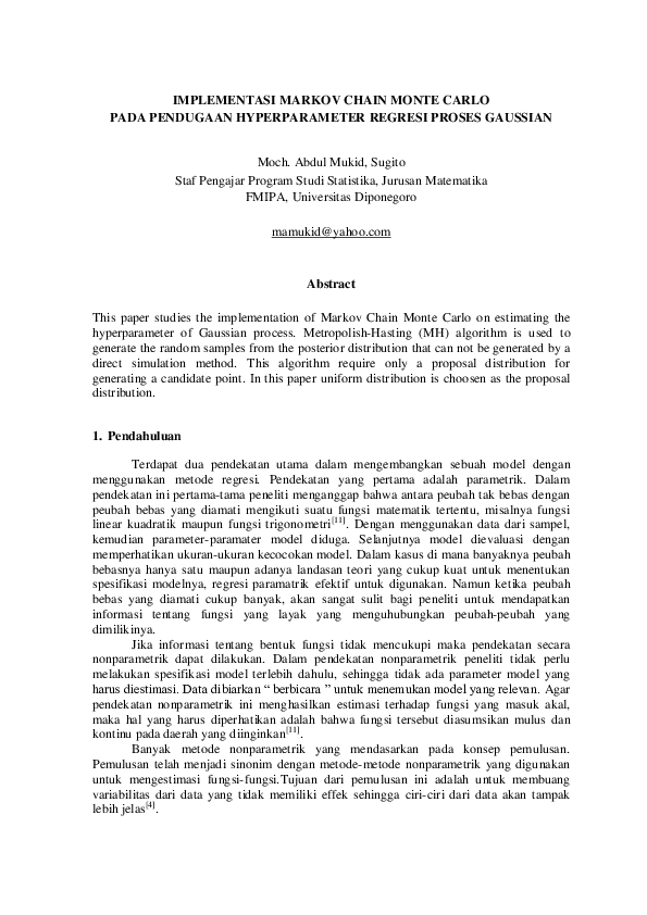 (PDF) Implementasi Markov Chain Monte Carlo Pada Pendugaan Hyperparameter Regresi Proses Gaussian