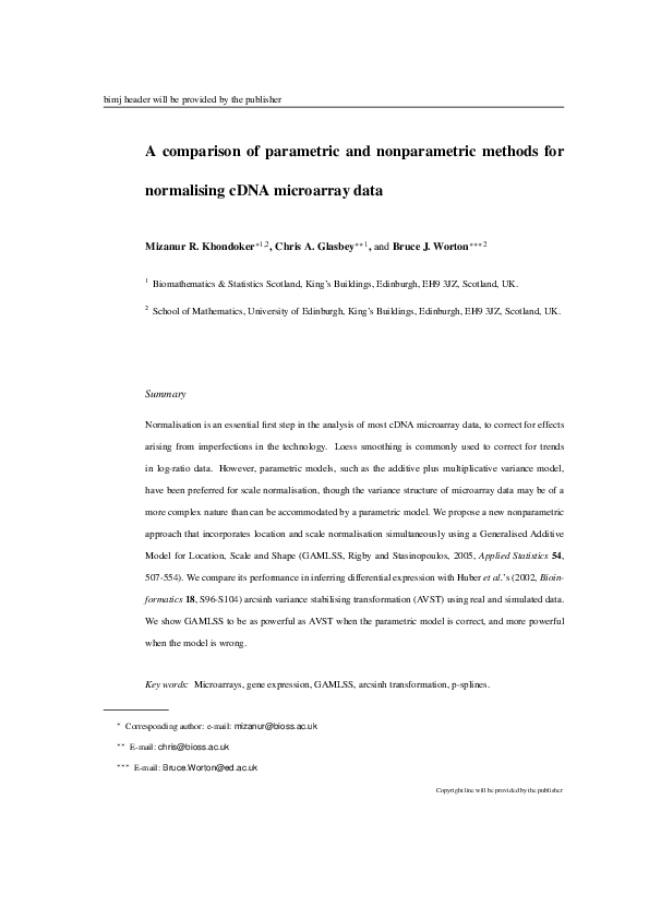 (PDF) A Comparison of Parametric and Nonparametric Methods for Normalising cDNA Microarray Data ...