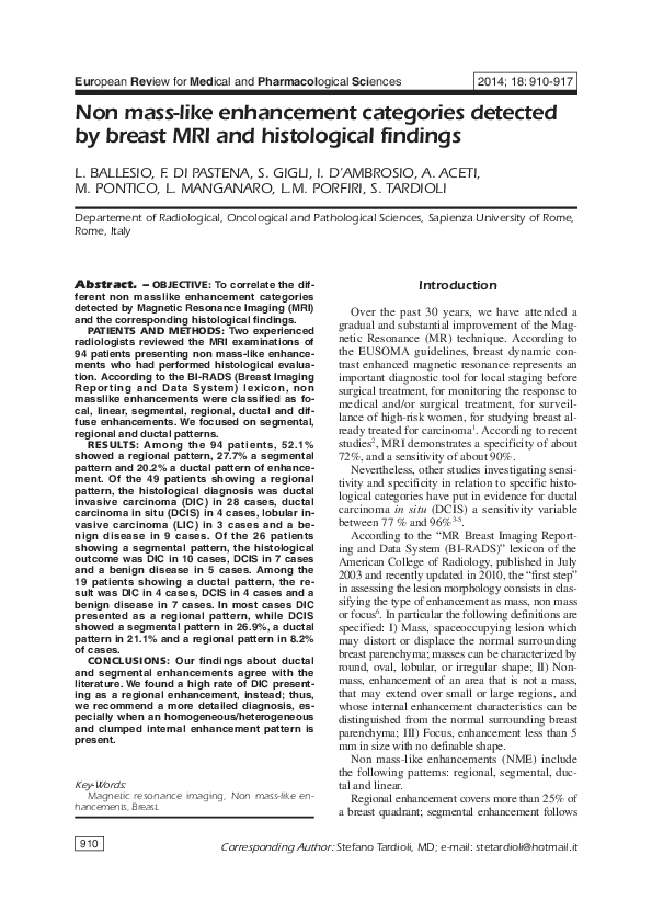 (PDF) Non mass-like enhancement categories detected by breast MRI and ...