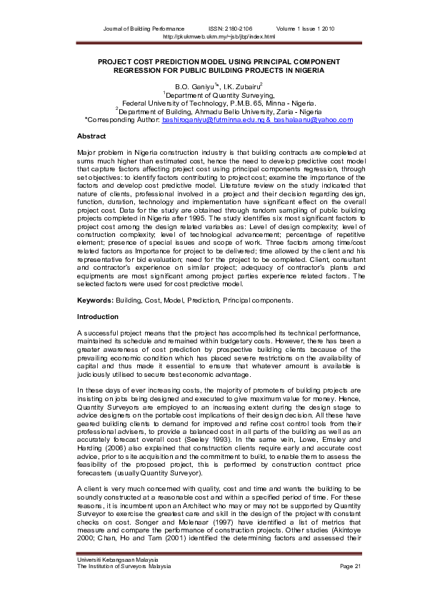 Pdf Project Cost Prediction Model Using Principal Component