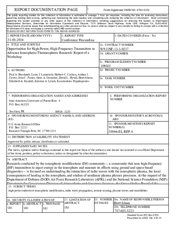 (PDF) Opportunities for High-Power, High-Frequency Transmitters to Advance Ionospheric ...