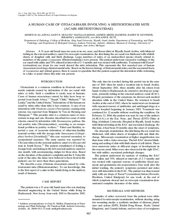 (PDF) A Human Case of Otoacariasis Involving a Histiostomatid Mite ...