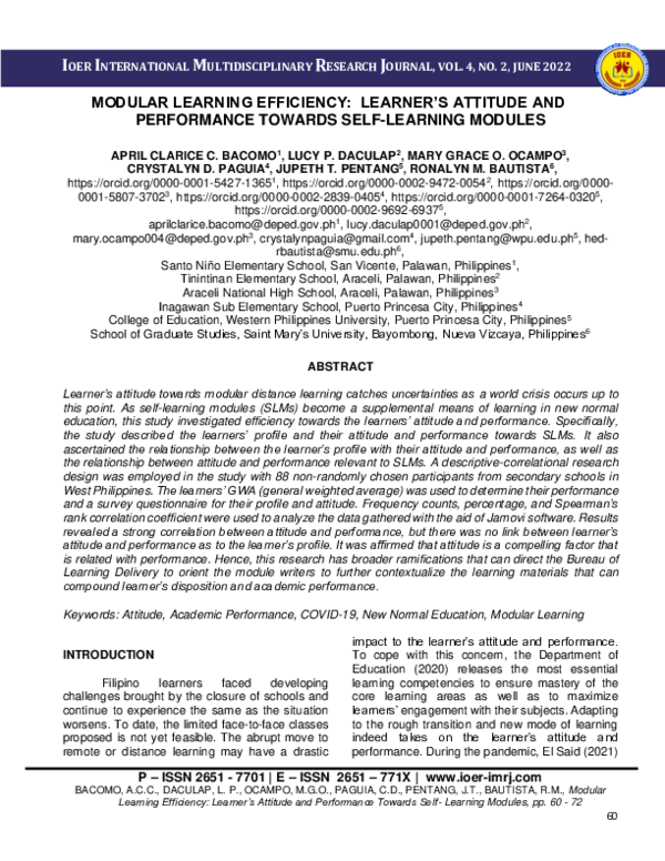 (PDF) Modular Learning Efficiency: Learner’s Attitude and Performance ...
