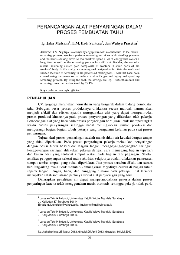(PDF) Perancangan Alat Penyaringan Dalam Proses Pembuatan Tahu