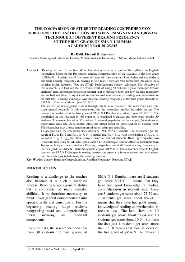 (PDF) The Comparison of Students’ Reading Comprehension in Recount Text Instruction Between ...
