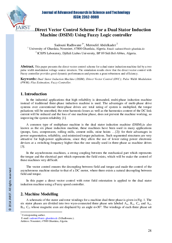 Pdf Direct Vector Control Scheme For A Dual Stator Induction Machine Dsim Using Fuzzy Logic