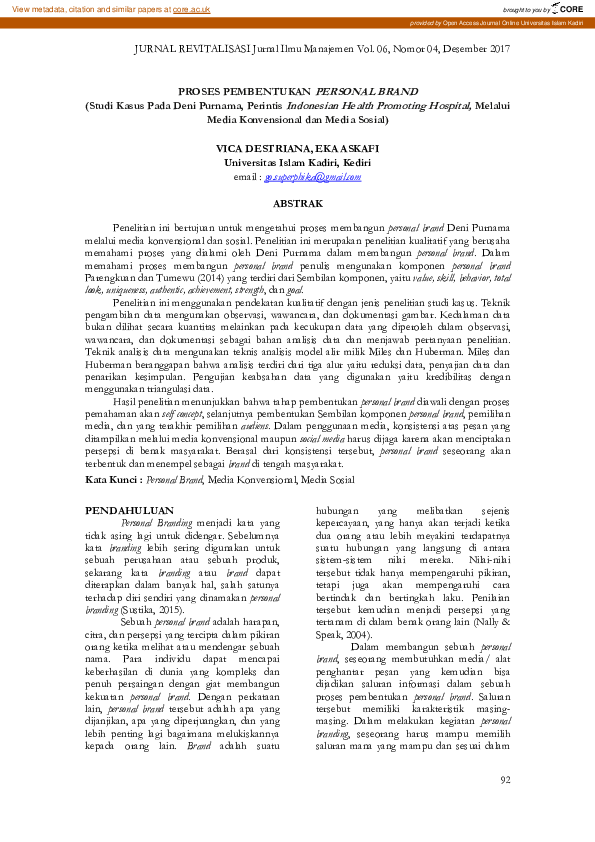 (PDF) PROSES PEMBENTUKAN PERSONAL BRAND (Studi Kasus Pada Deni Purnama, Perintis Indonesian ...