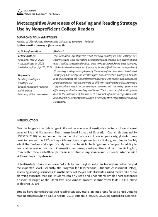 Pdf Metacognitive Awareness Of Reading And Reading Strategy Use By