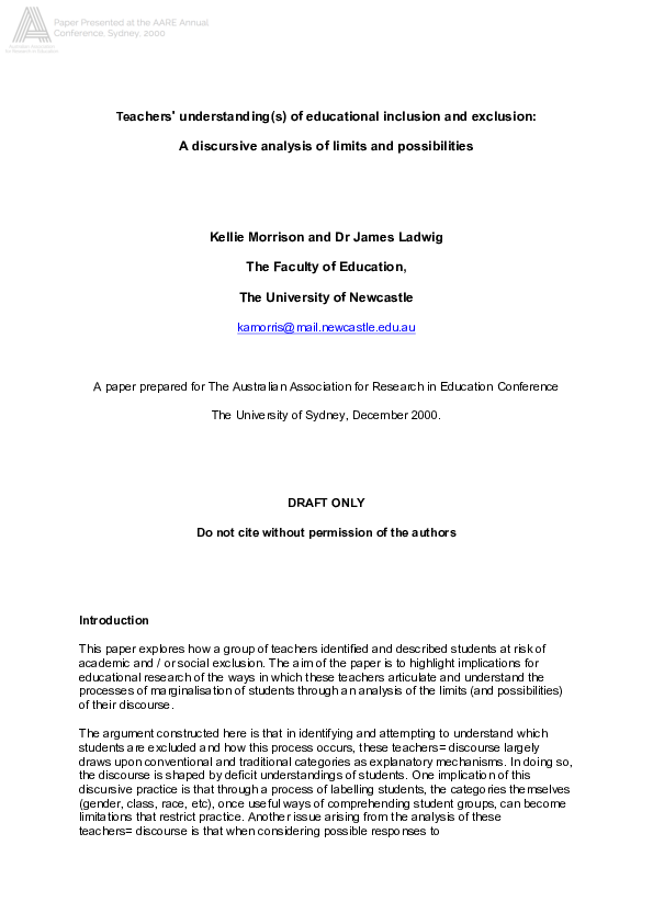 (PDF) Teachers' understanding (s) of educational inclusion and ...