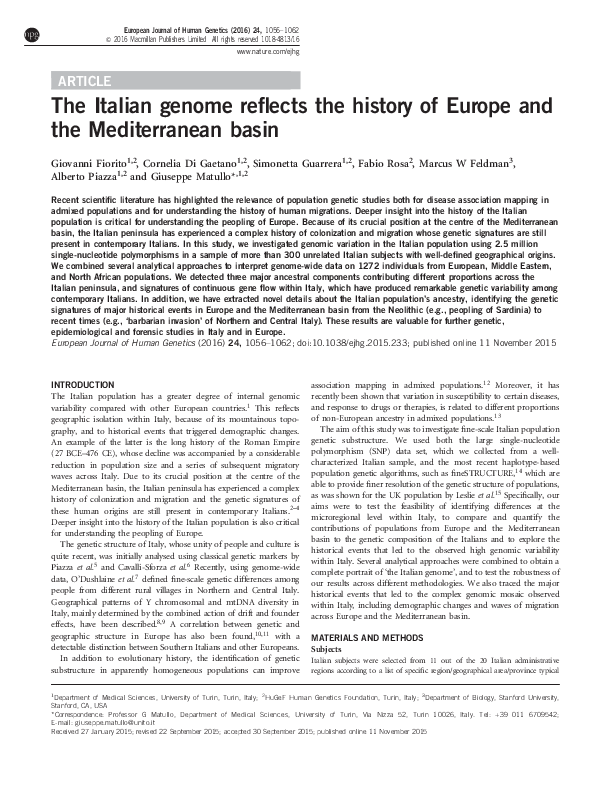 (PDF) The Italian genome reflects the history of Europe and the ...