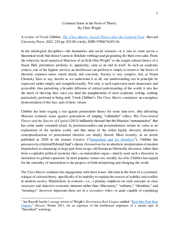 (PDF) Vivek Chibber's defense of materialism