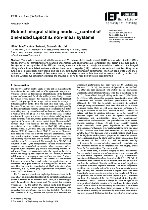 (PDF) Robust integral sliding mode- H ∞ control of one-sided Lipschitz ...