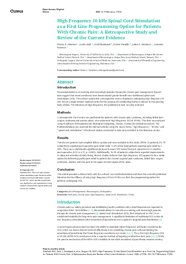 Pdf High Frequency 10 Khz Spinal Cord Stimulation As A First Line Programming Option For
