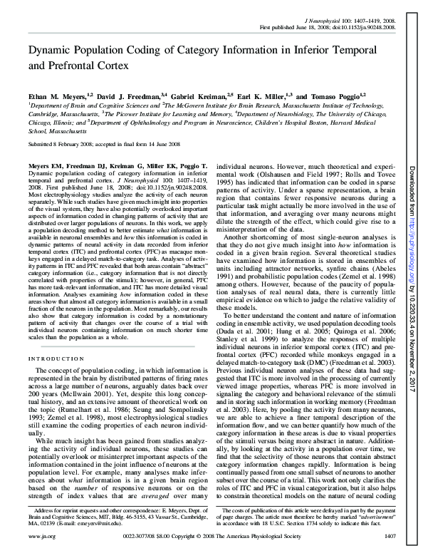 (PDF) Dynamic Population Coding of Category Information in Inferior Temporal and Prefrontal Cortex