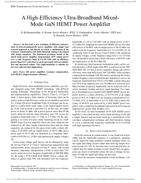 (PDF) A High-Efficiency Ultra-Broadband Mixed-Mode GaN HEMT Power Amplifier