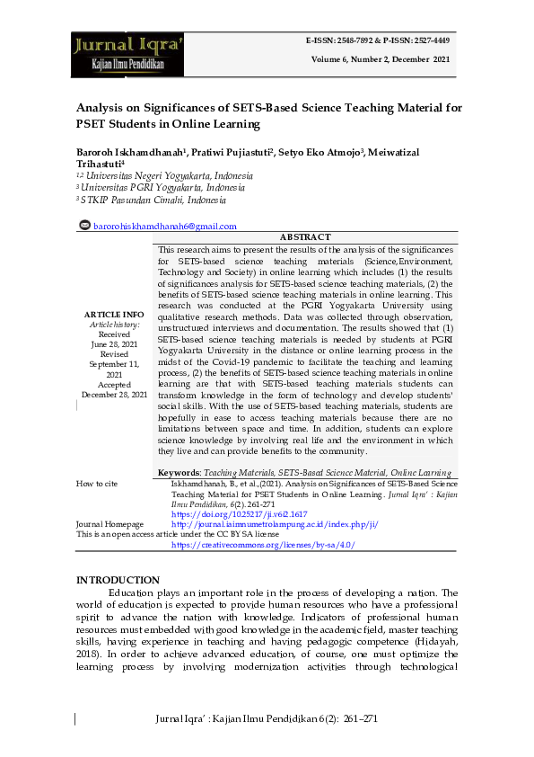 (PDF) Analysis on Significances of SETS-Based Science Teaching Material ...