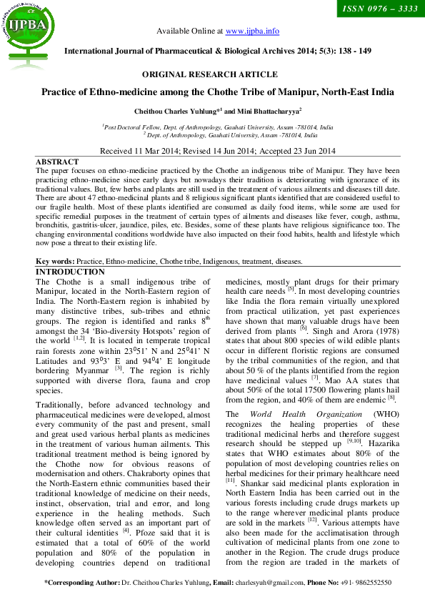 (PDF) Practice of Ethno medicine among the Chothe Tribe of Manipur ...