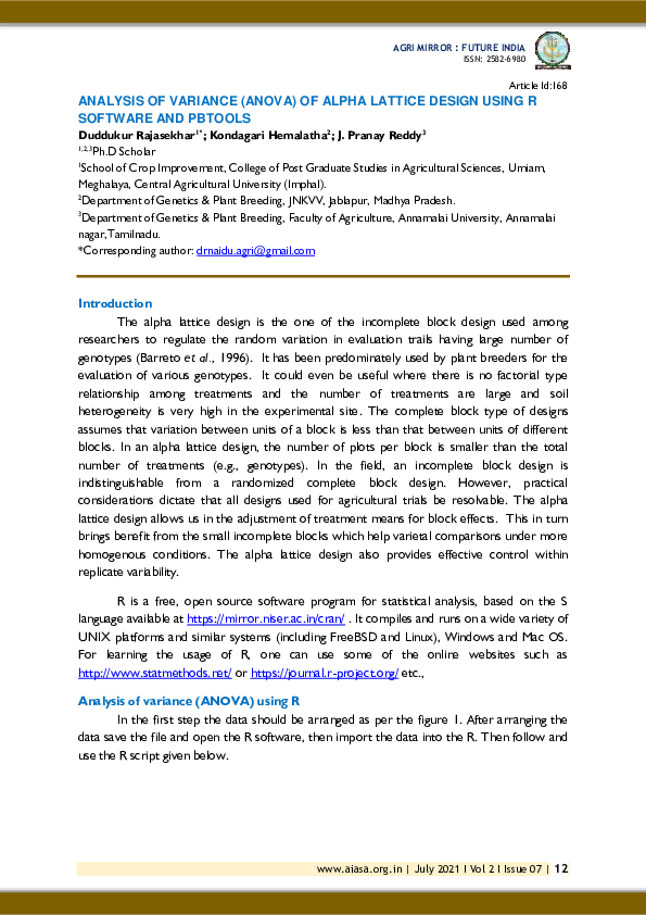 Pdf Analysis Of Variance Anova Of Alpha Lattice Design Using R