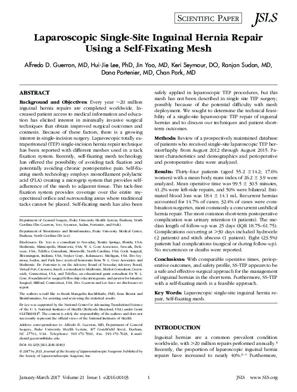 (PDF) Laparoscopic Single-Site Inguinal Hernia Repair Using a Self-Fixating Mesh | Alfredo ...