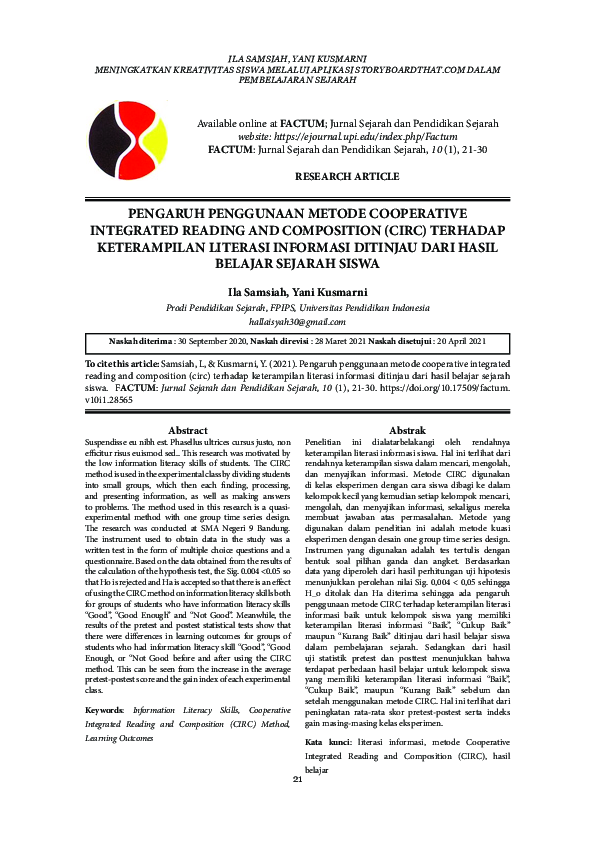 (PDF) Pengaruh Penggunaan Metode Cooperative Integrated Reading and Composition (CIRC) terhadap ...