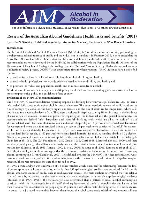 (PDF) Review of the Australian Alcohol Guidelines: Health