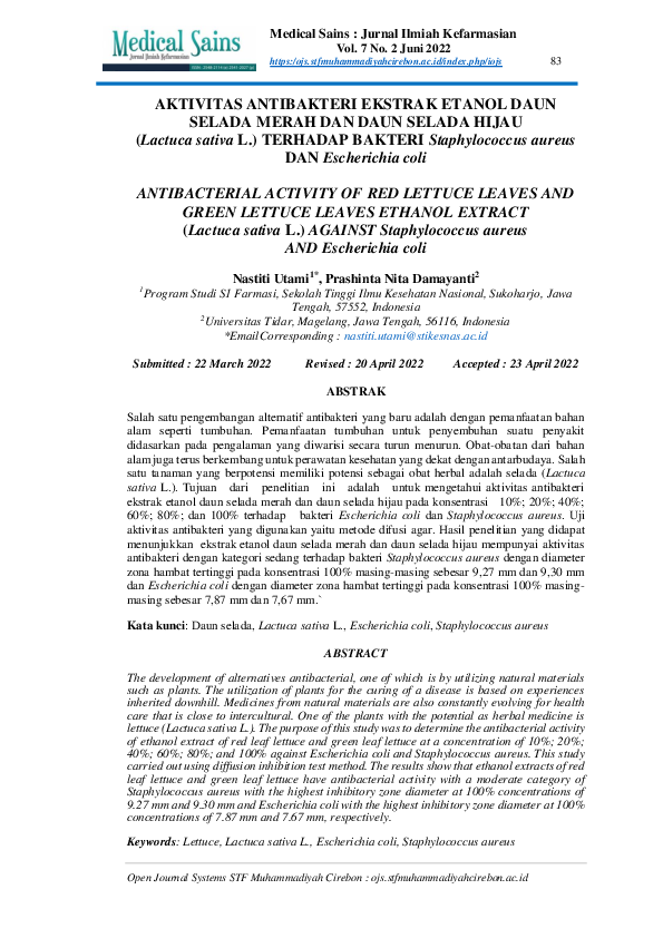 (PDF) AKTIVITAS ANTIBAKTERI EKSTRAK ETANOL DAUN SELADA MERAH DAN DAUN SELADA HIJAU (Lactuca ...