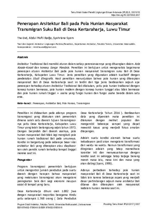 (PDF) Penerapan Arsitektur Bali pada Pola Hunian Masyarakat Transmigran ...