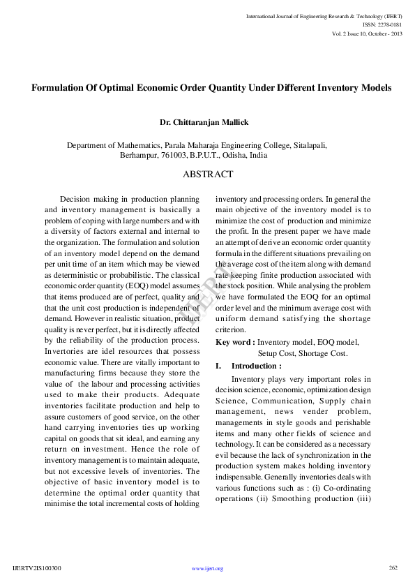 (PDF) Formulation of Optimal Economic Order Quantity under Different Inventory Models