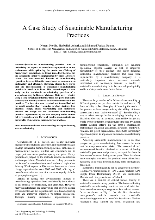 (PDF) A Case Study of Sustainable Manufacturing Practices