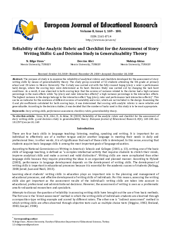 (PDF) Reliability of the Analytic Rubric and Checklist for the ...