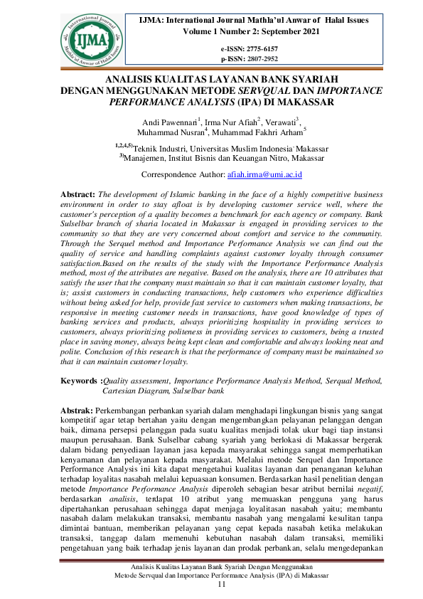 (PDF) Analisis Kualitas Layanan Bank Syariah Dengan Menggunakan Metode Servqual Dan Importance ...