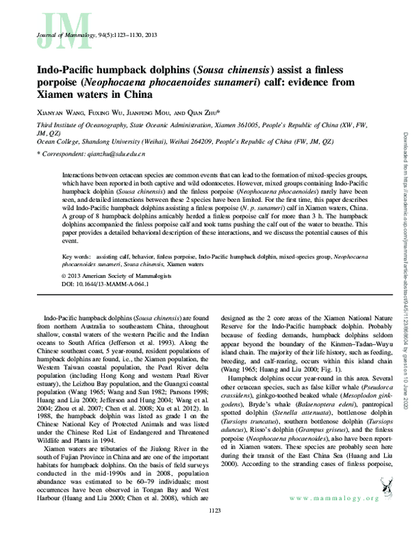 (PDF) Indo-Pacific humpback dolphins ( Sousa chinensis ) assist a ...